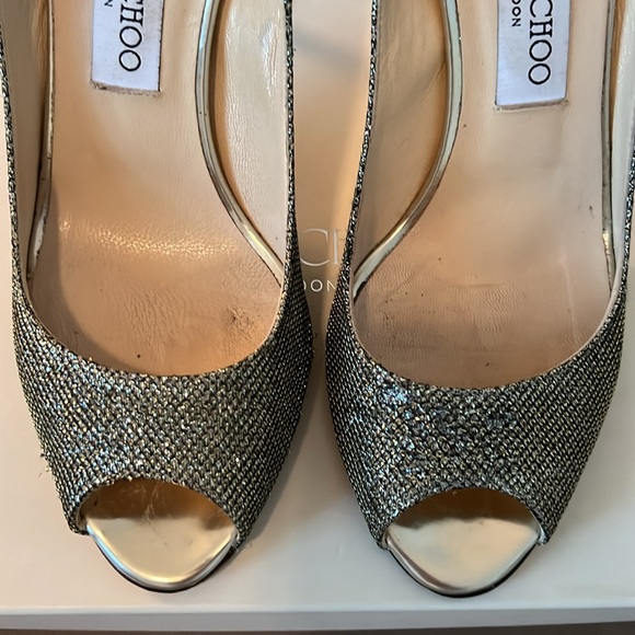 Jimmy Choo | Shoes | Jimmy Choo Silver Glitter Peep Toe Heels | Poshmark